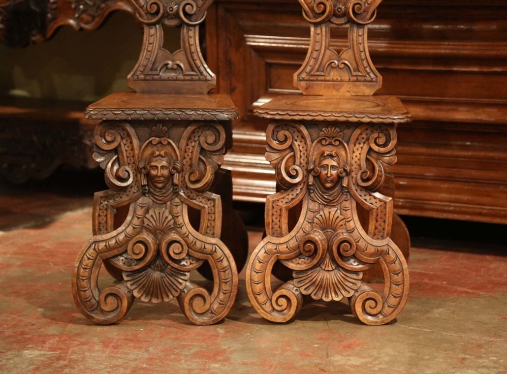 Pair of 19th Century Italian Renaissance Carved Walnut Sgabello Hall ...