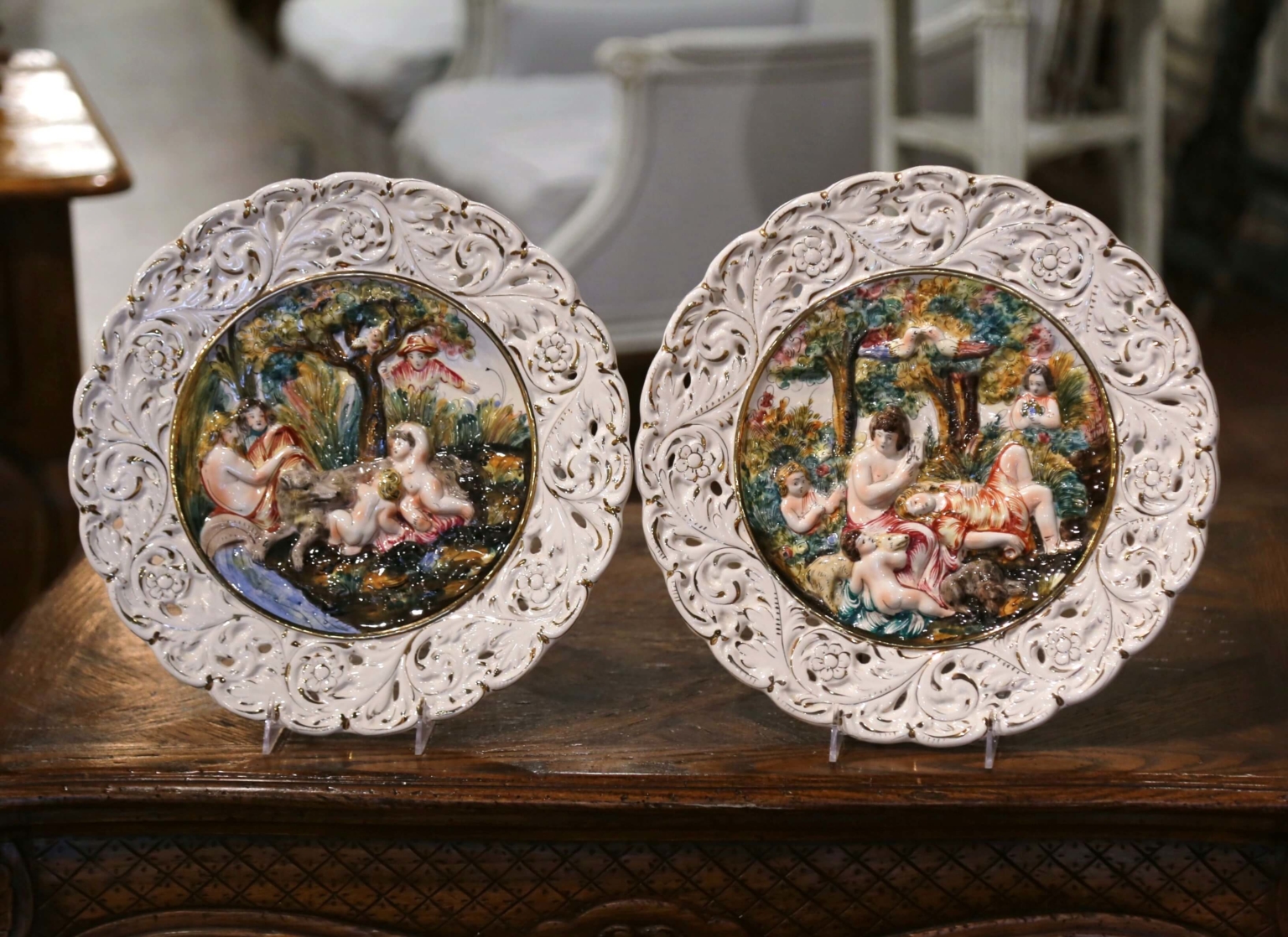 Pair of 20th Century Italian Hand-Painted Porcelain Capodimonte Wall ...