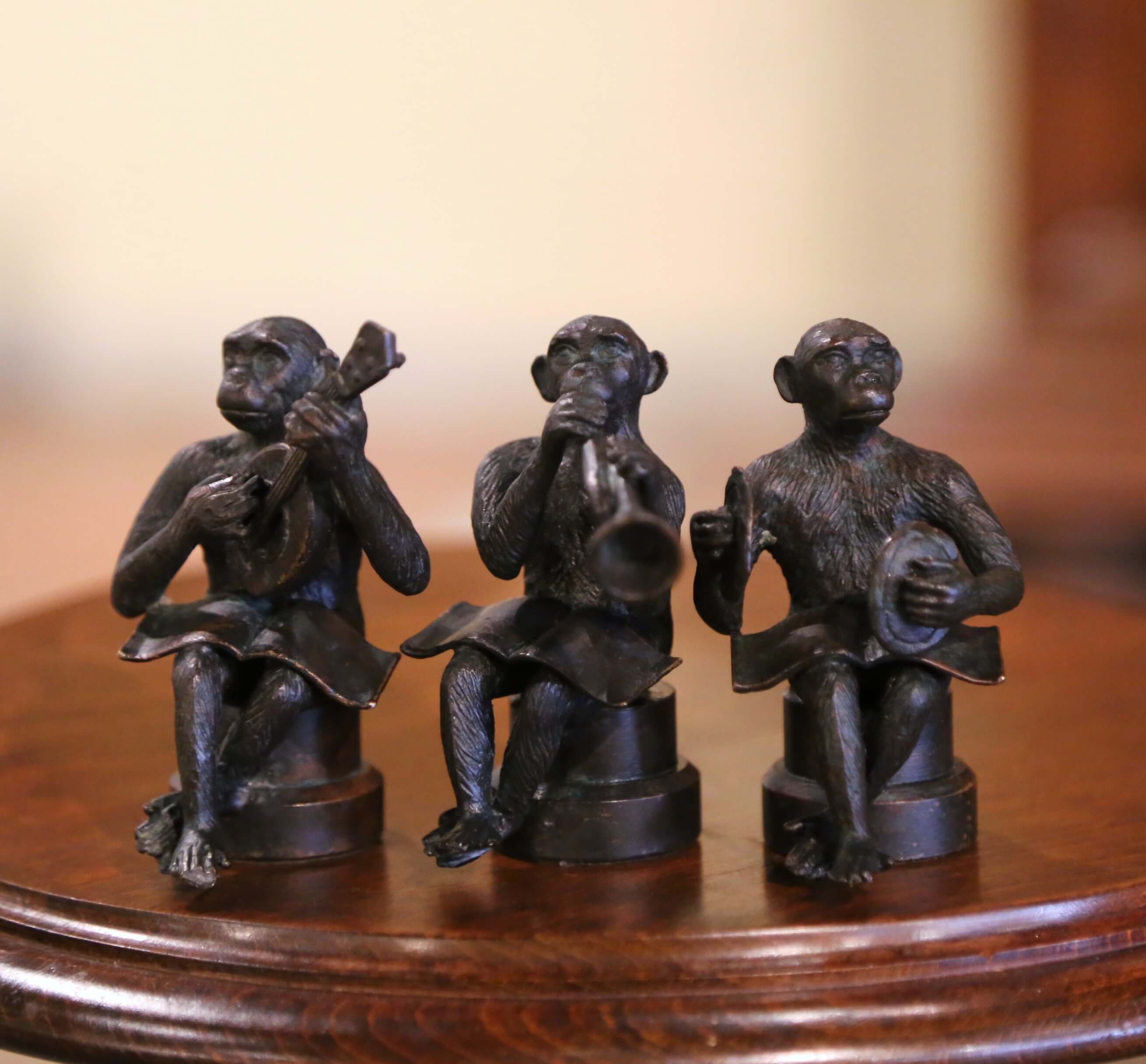 Vintage Set of Three Miniature Bronze Musician Monkeys Playing ...