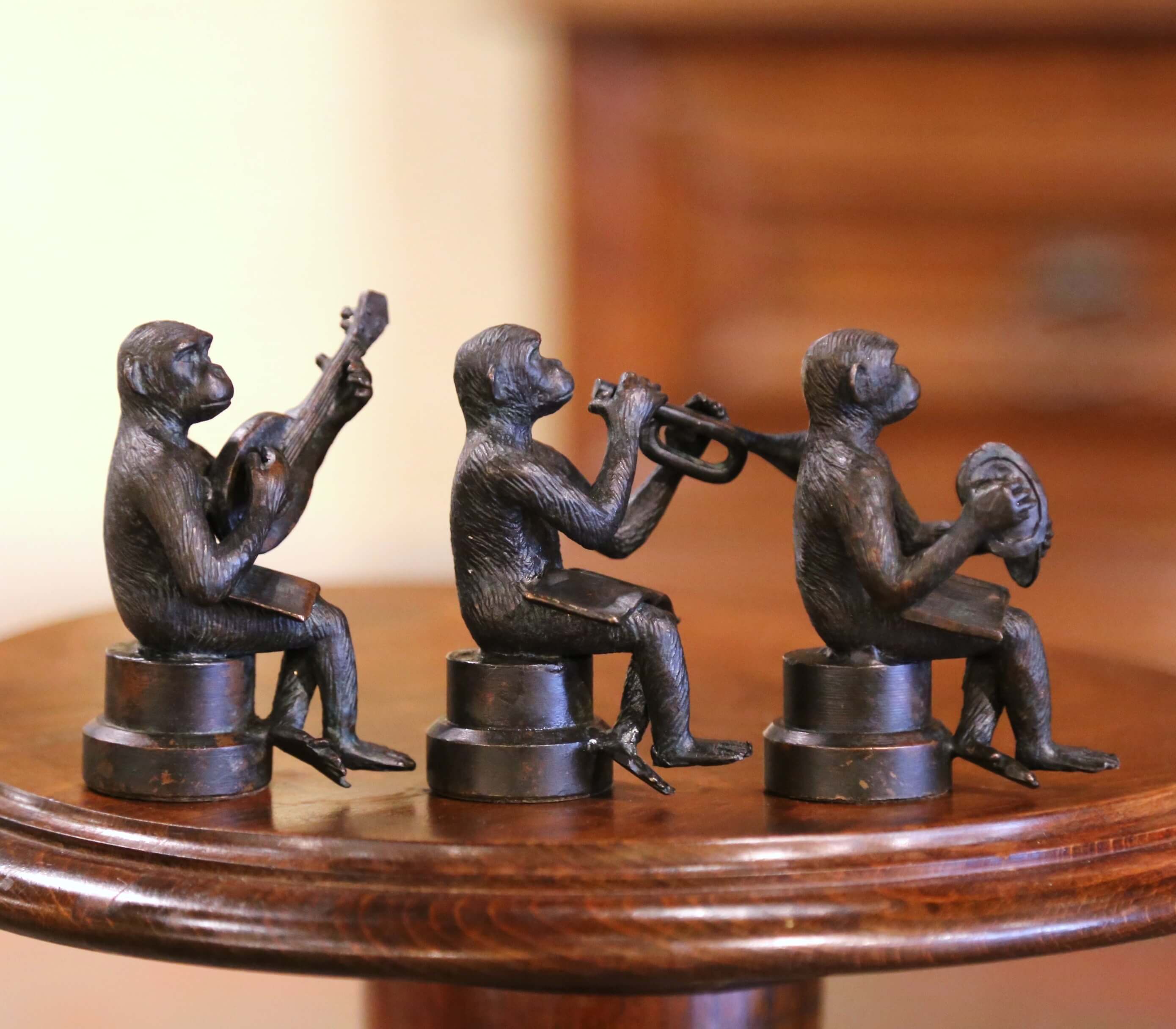 Vintage Set of Three Miniature Bronze Musician Monkeys Playing ...