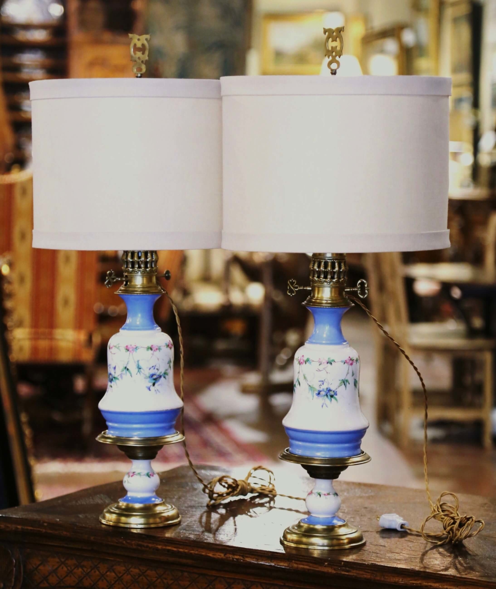 Pair of 19th Century French Porcelain & Brass Table Oil Lamps with ...