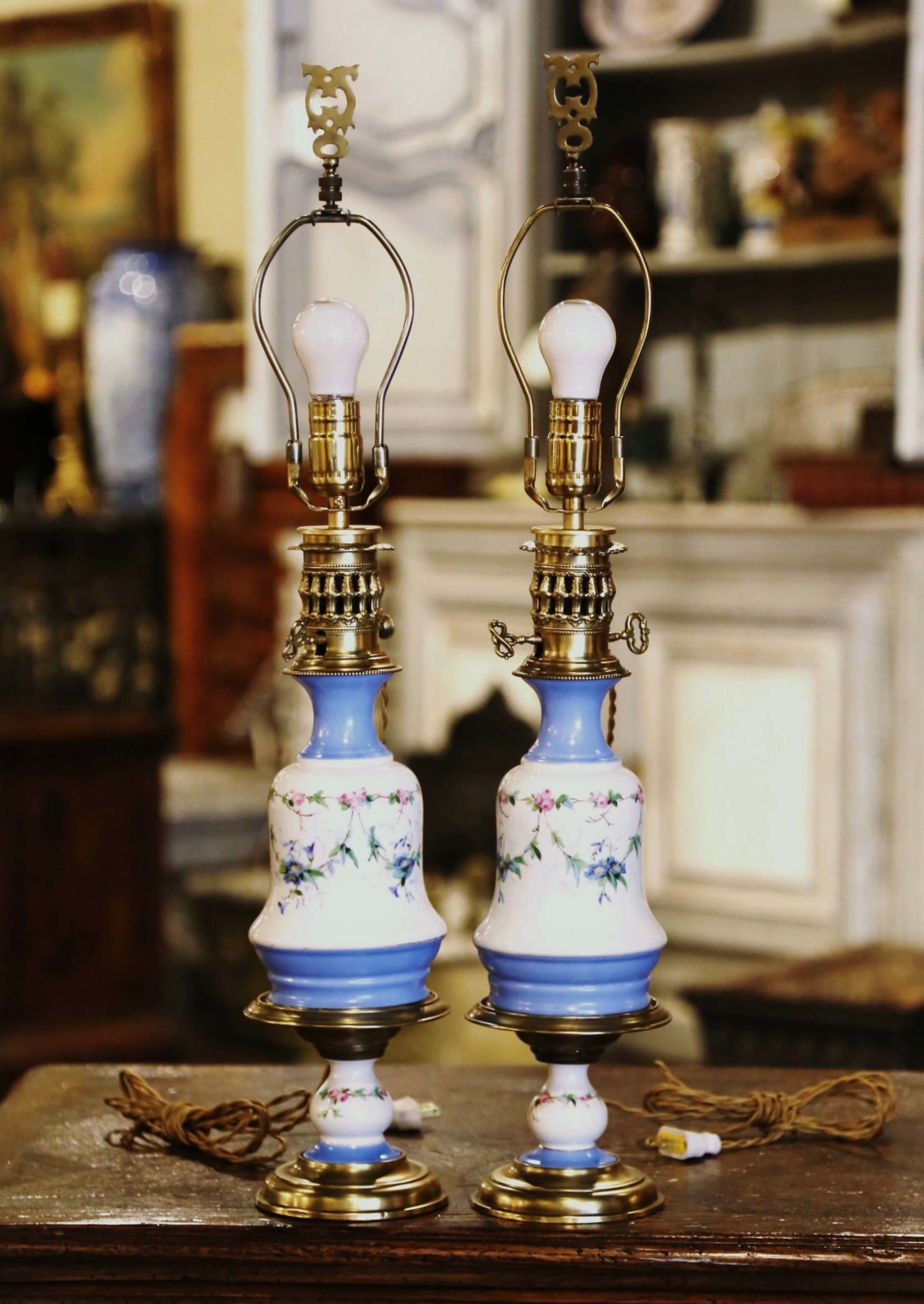 Pair of 19th Century French Porcelain & Brass Table Oil Lamps with ...