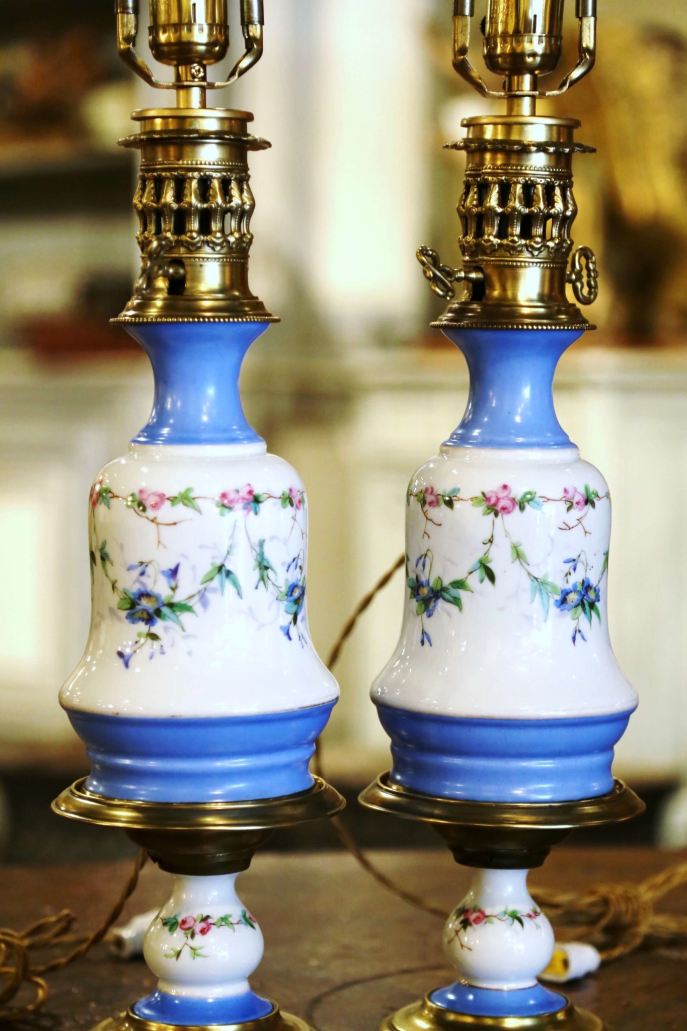 Pair of 19th Century French Porcelain & Brass Table Oil Lamps with ...