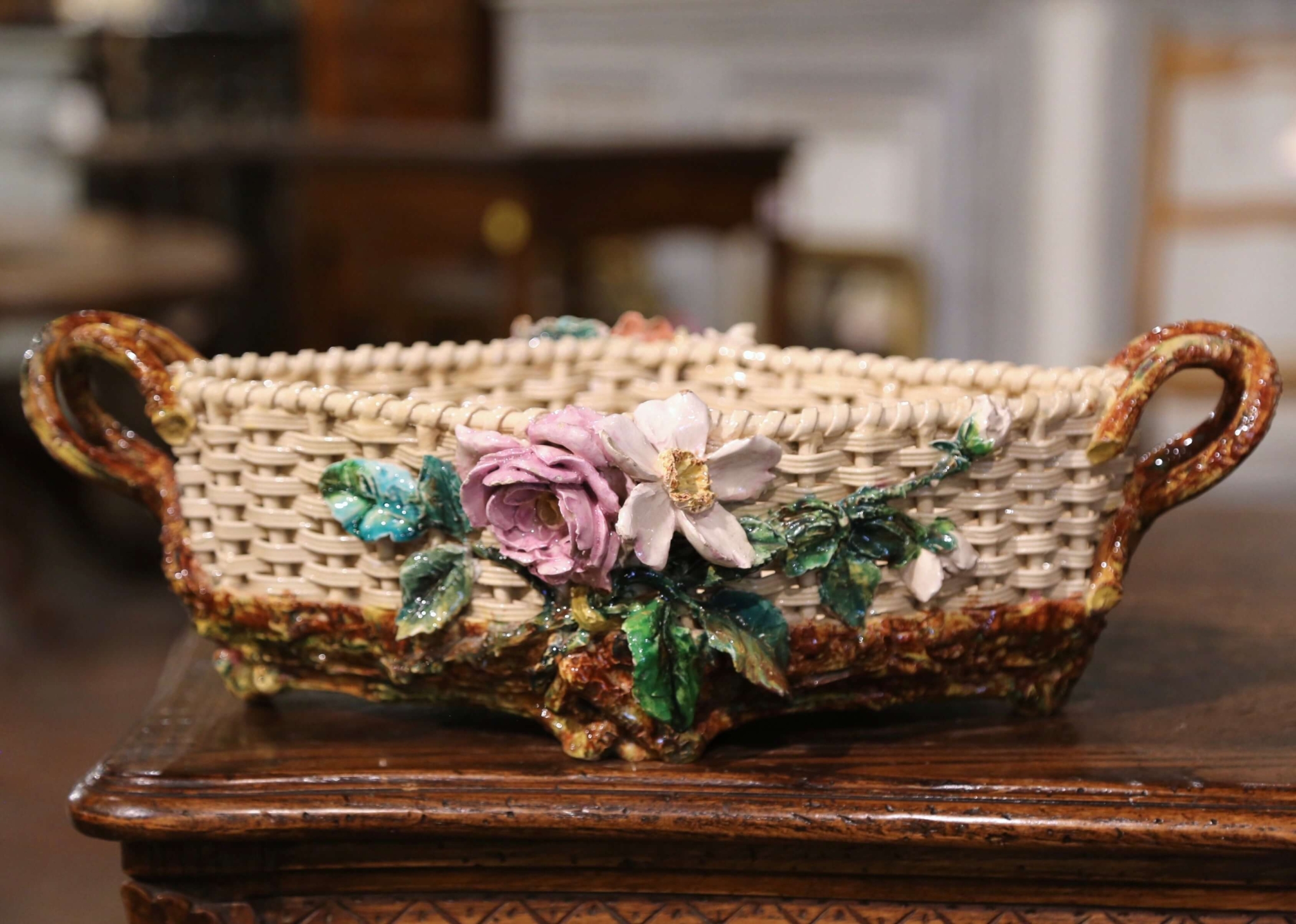 19th Century French Painted Porcelain Barbotine Jardinière with Floral ...