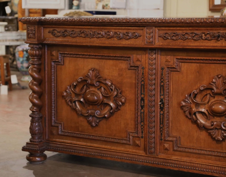 19th Century French Louis XIII Carved Oak Parquet Top Two-Door Buffet ...