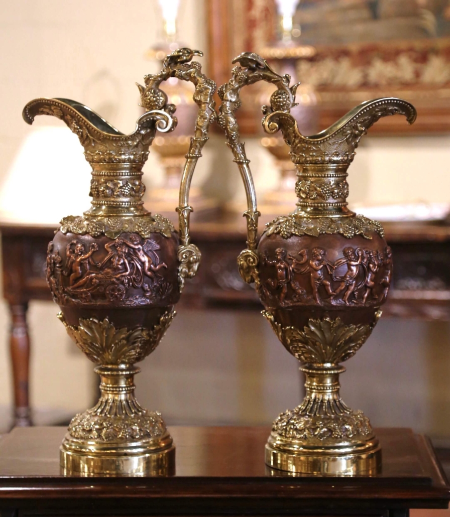 Pair of 19th Century French Renaissance Patinated Bronze Ewers Clodion ...