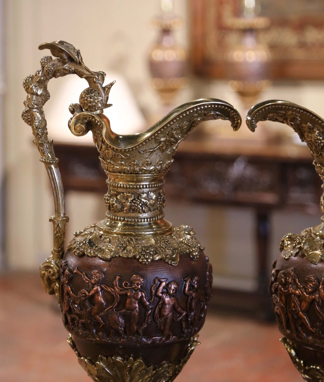 Pair of 19th Century French Renaissance Patinated Bronze Ewers Clodion ...