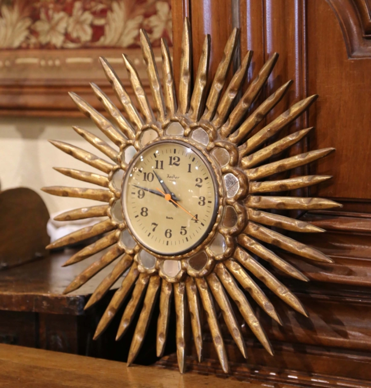 Mid-Century Spanish Carved Giltwood Sunburst Wall Clock with Mirrored ...