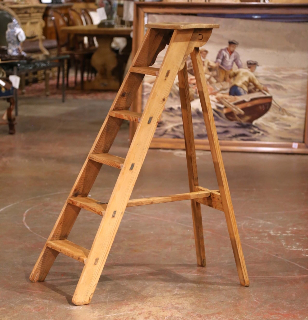19th C. French Pine Folding Six-Step Ladder with Locking Bar Mechanism ...