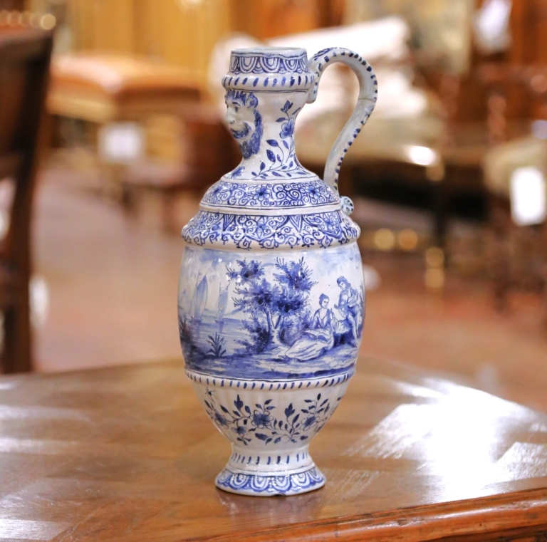 19th Century French Blue and White Faience Ewer with Courting Scene ...