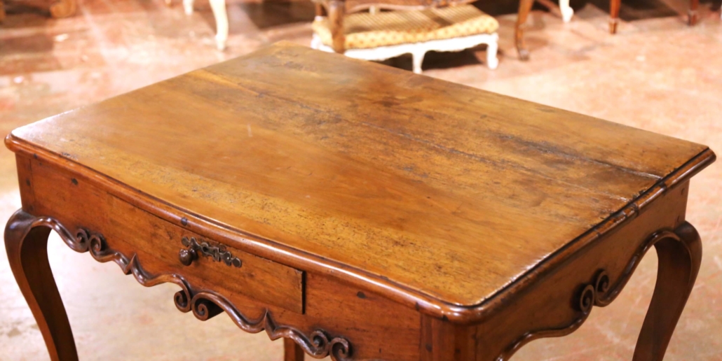 18th Century French Louis XV Walnut Bow-Front Side Table Desk with Drawer - Country French Interiors