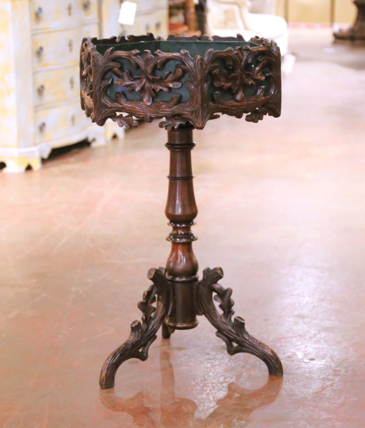 19th C. French Black Forest Carved Walnut Jardinière on Stand with Zinc ...