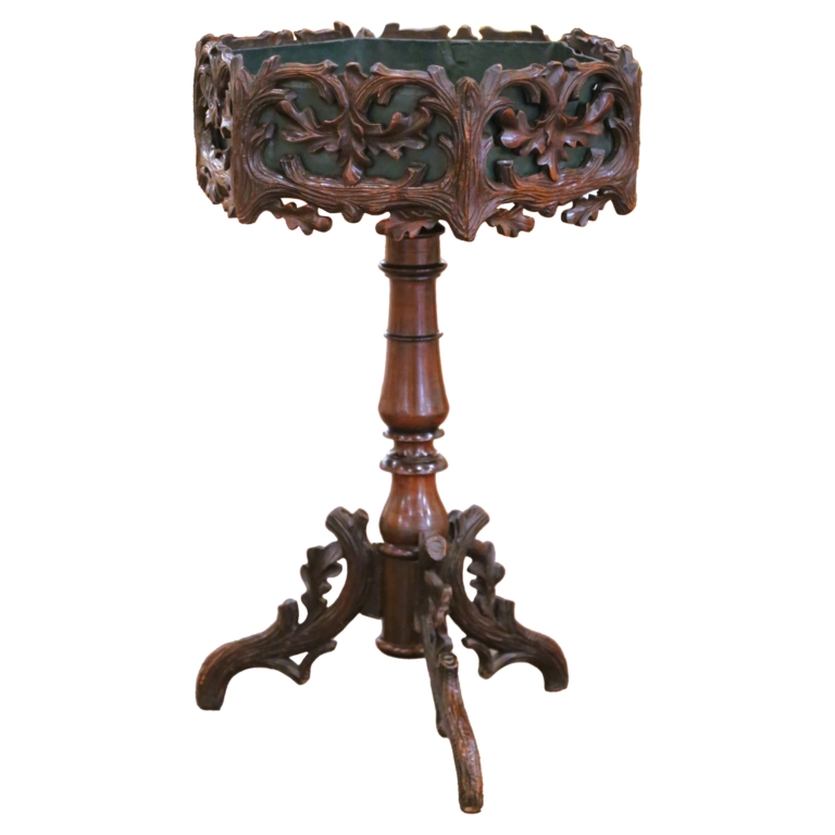 19th C. French Black Forest Carved Walnut Jardinière on Stand with Zinc ...